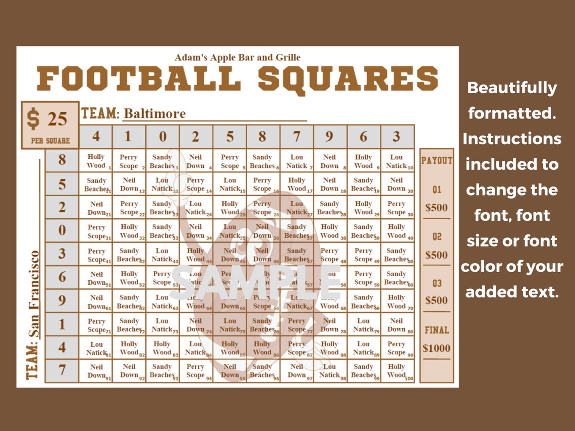 Editable Football Squares Template Printable Editable PDF Football ...