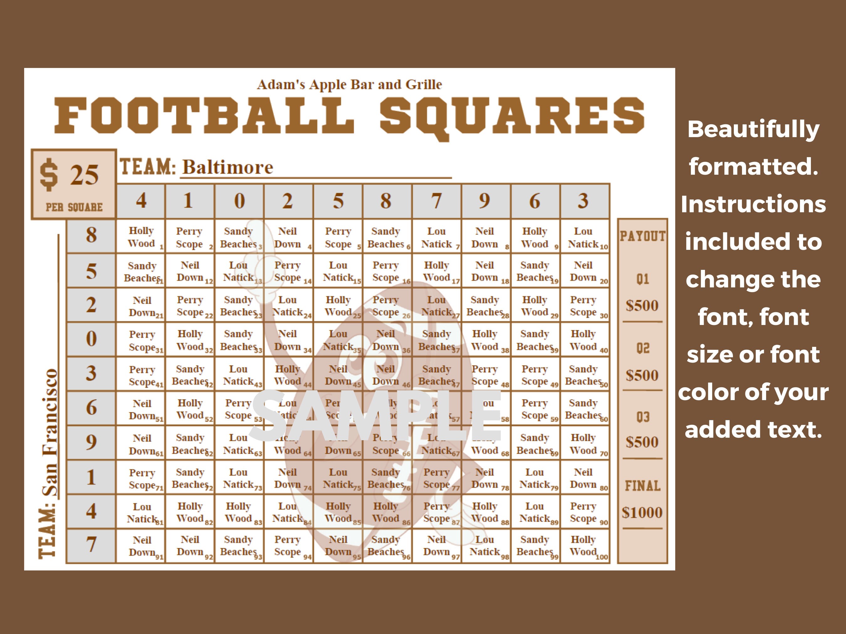 Editable Football Squares Template Printable Editable PDF Football ...