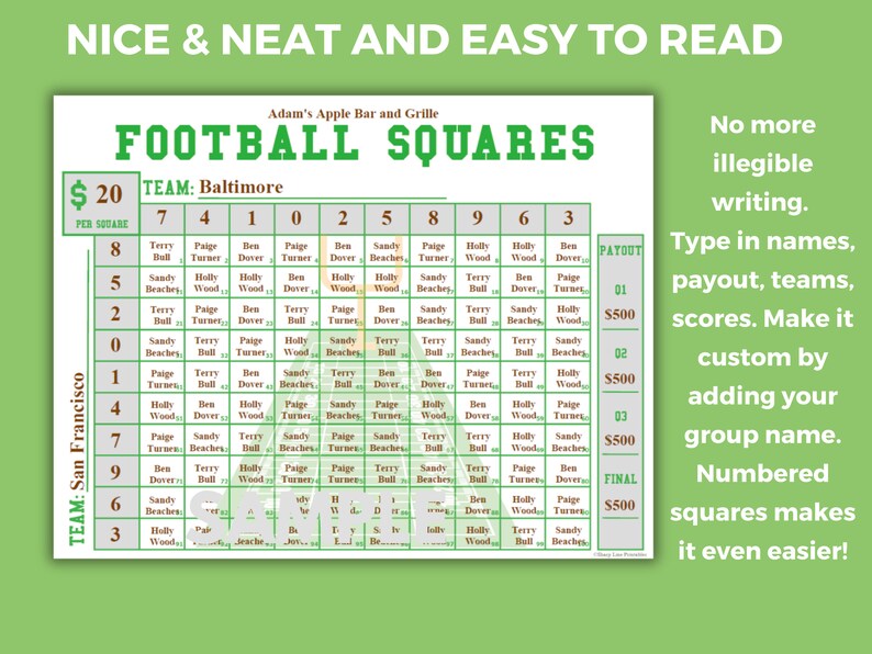 Editable Football Squares 100 Boxes Template Printable PDF Football ...