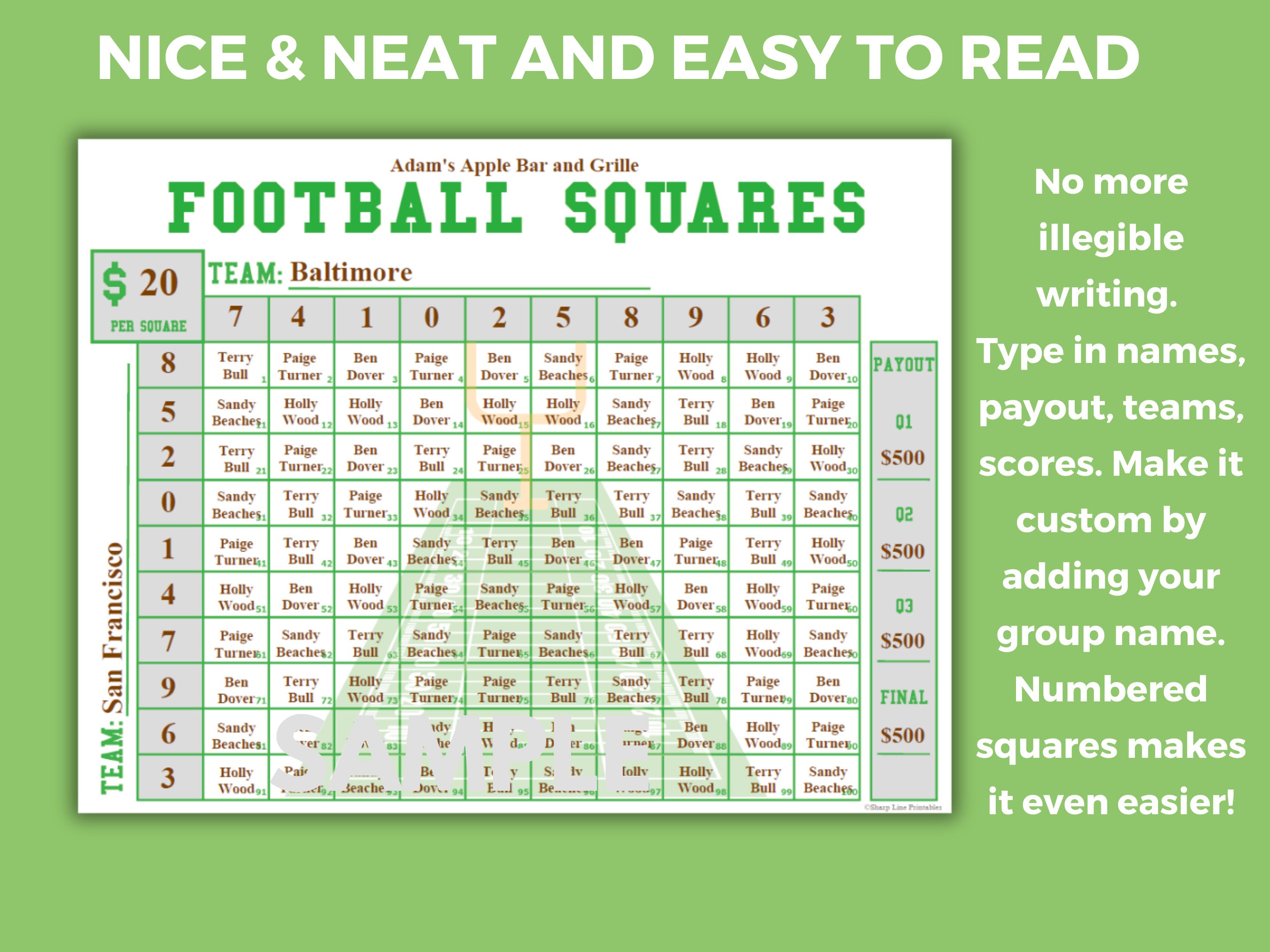 Editable Football Squares 100 Boxes Template Printable PDF Football ...