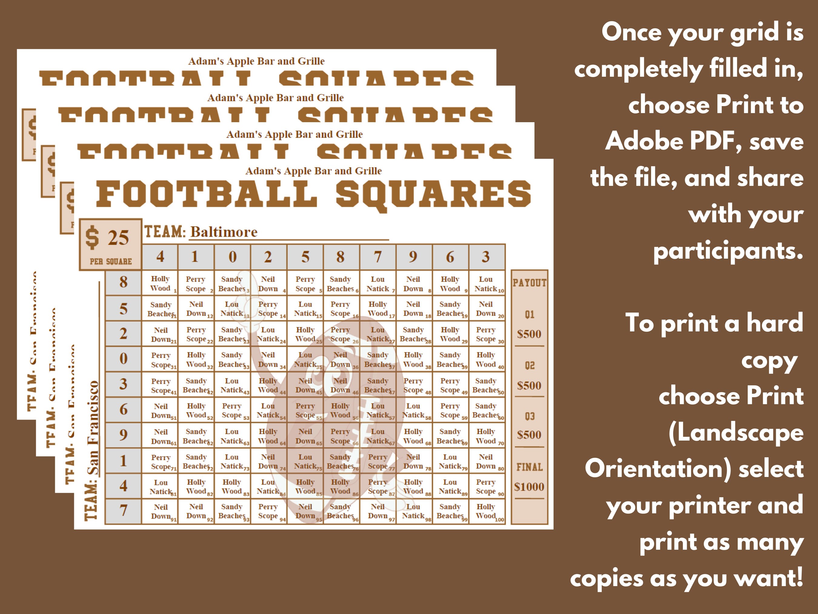 Editable Football Squares Template Printable Editable PDF Football ...