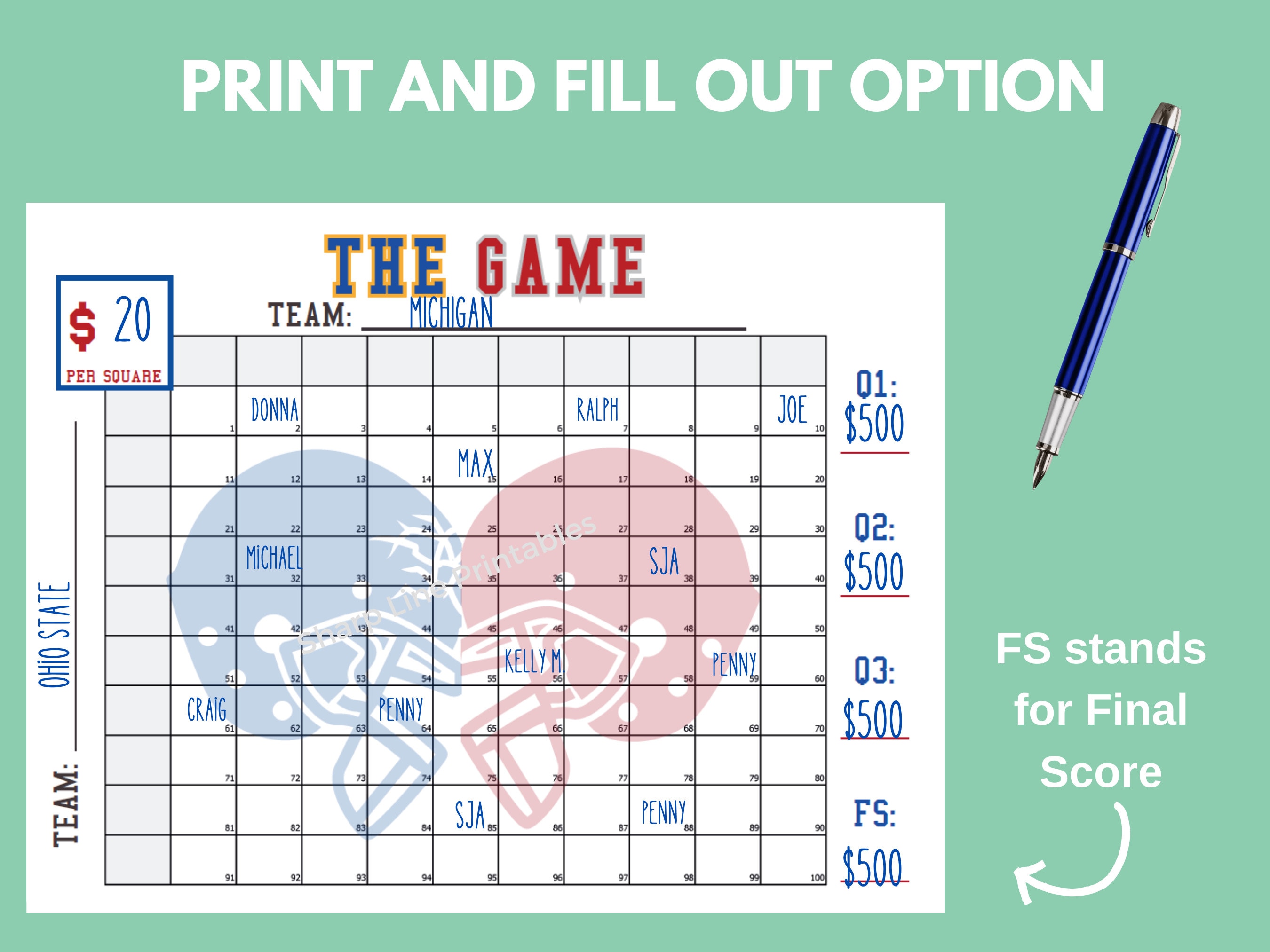 The Game Football Bowl Squares Template Printable Editable PDF Football ...