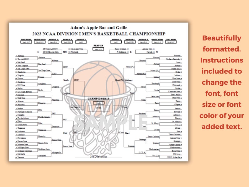 Printable NCAA Basketball Bracket March Madness Template for Tournament ...