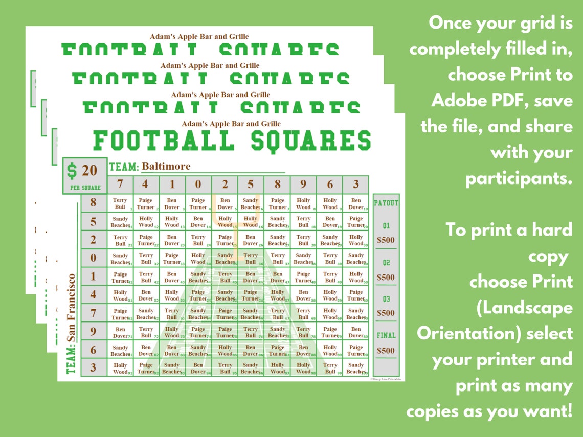 Editable Football Squares 100 Boxes Template Printable PDF Football ...
