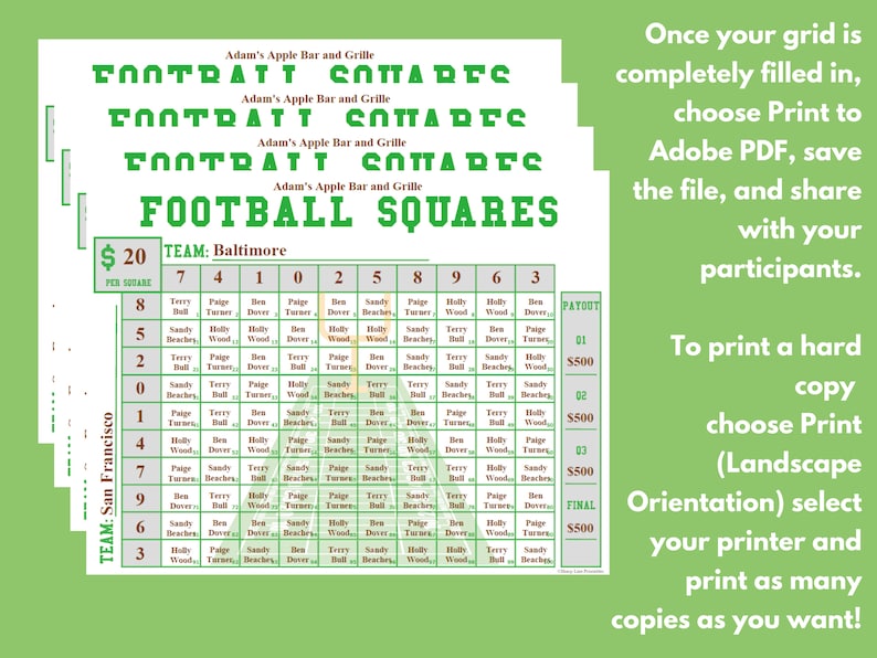Editable Football Squares 100 Boxes Template Printable PDF Football ...