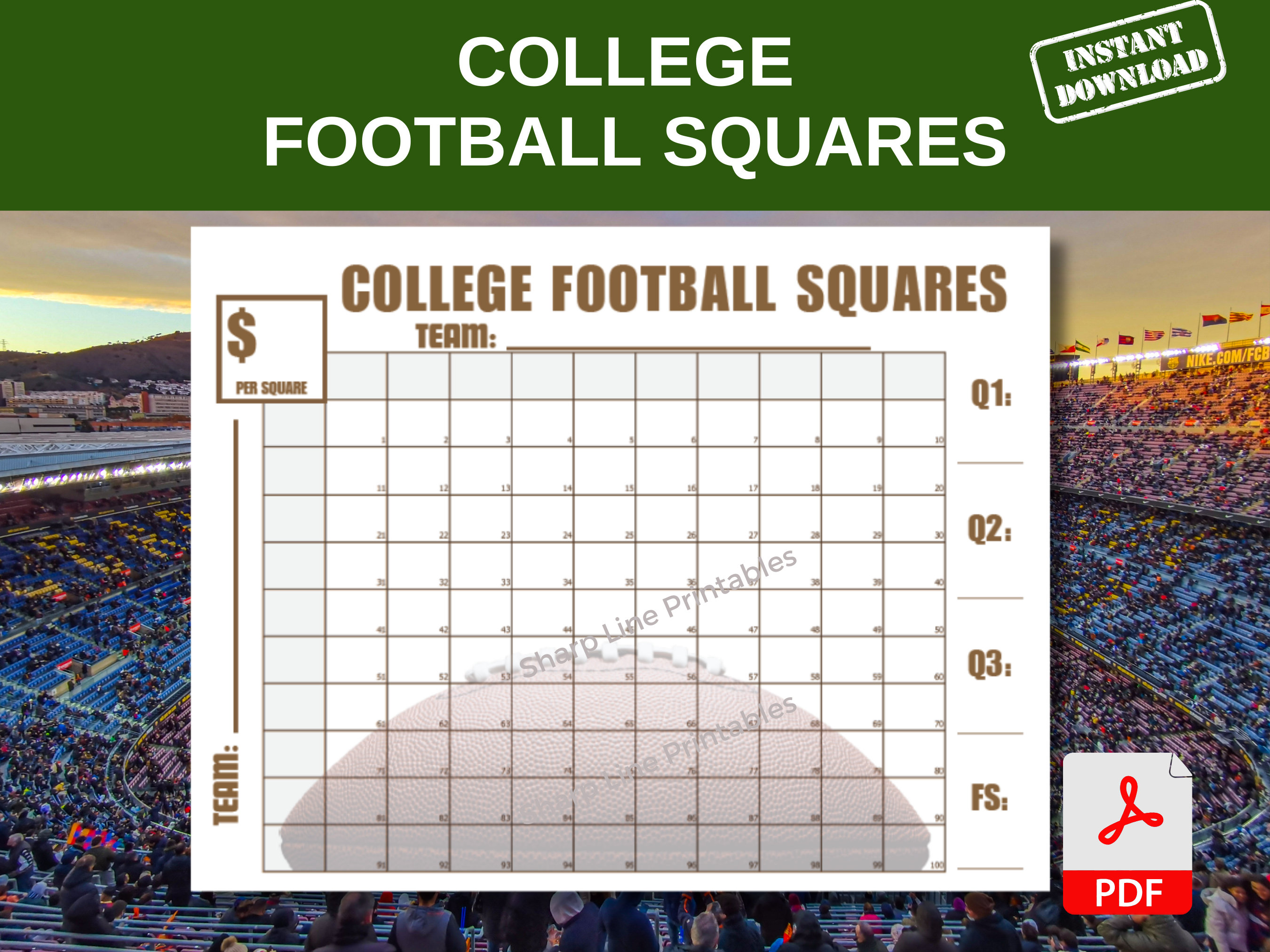 College Football Squares Template | 100 Numbered Square Grid | Instant ...