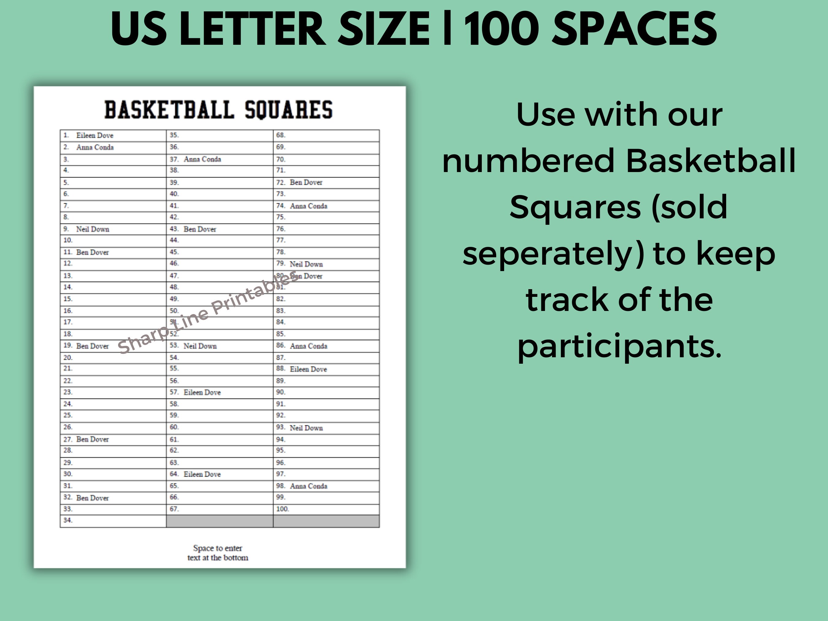 Basketball Squares Fillable Tracking Sheet Printable Form PDF Sheet 100 ...
