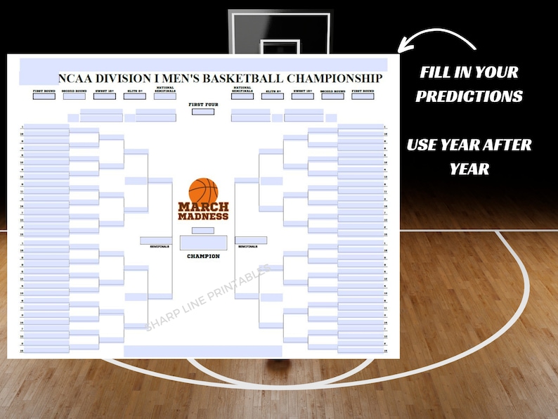 Printable NCAA Basketball Bracket March Madness Template Editable PDF ...
