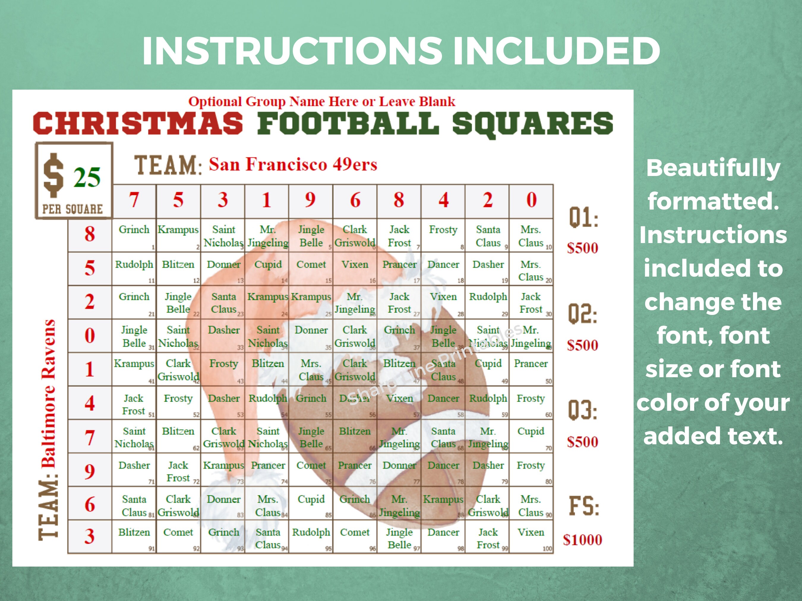Christmas Football Squares Template: Editable Printable (PDF) - Etsy