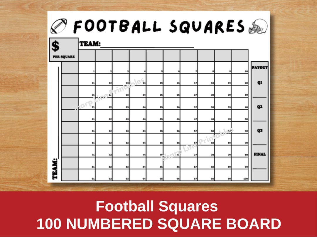 100 Football Squares Game Printable PDF 100 Numbered Squares Football ...