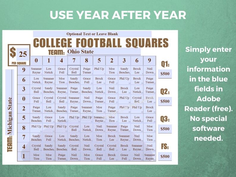 College Football Squares Template Printable Editable PDF Football ...