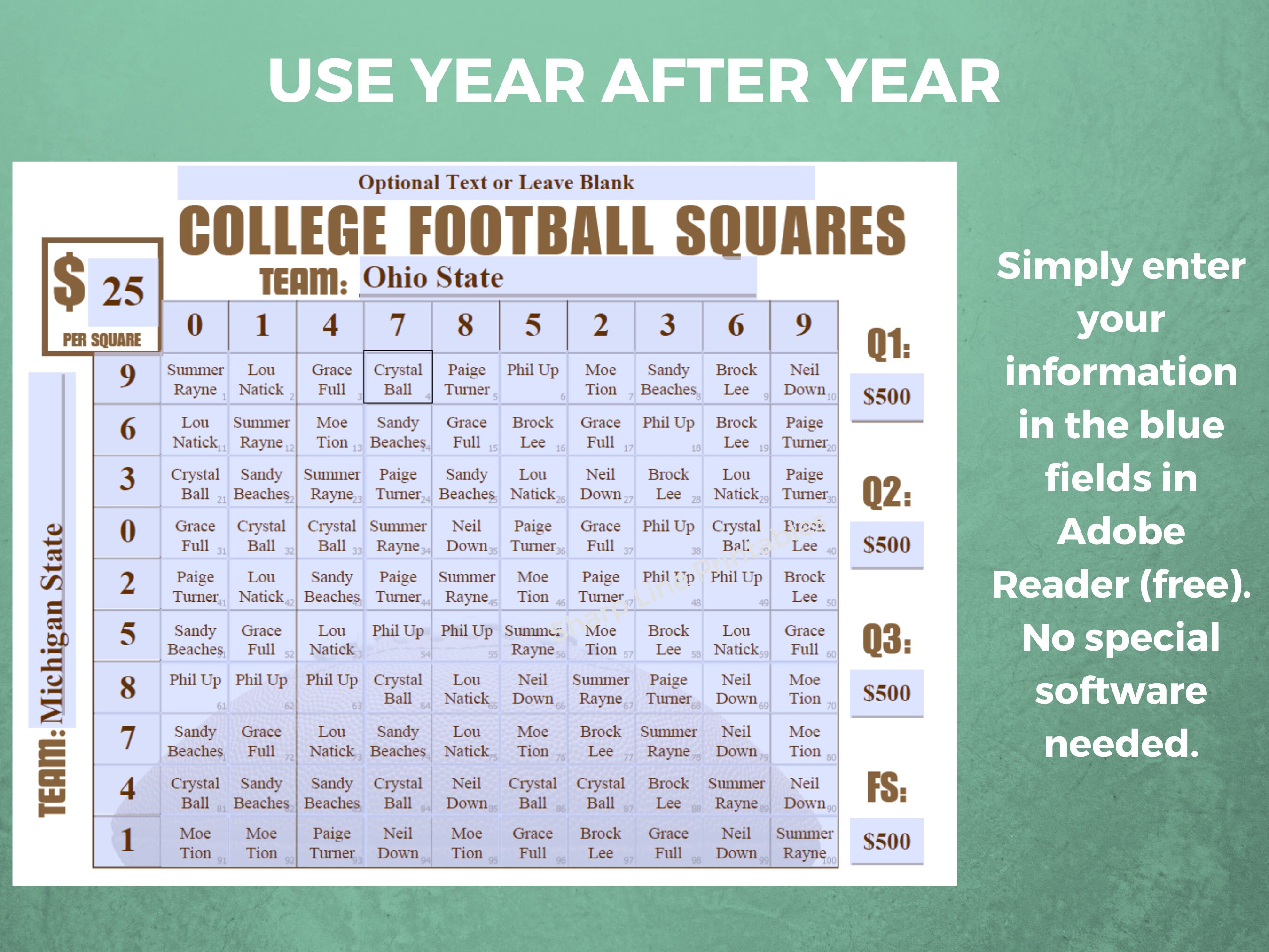 College Football Squares Template Printable Editable PDF Football ...