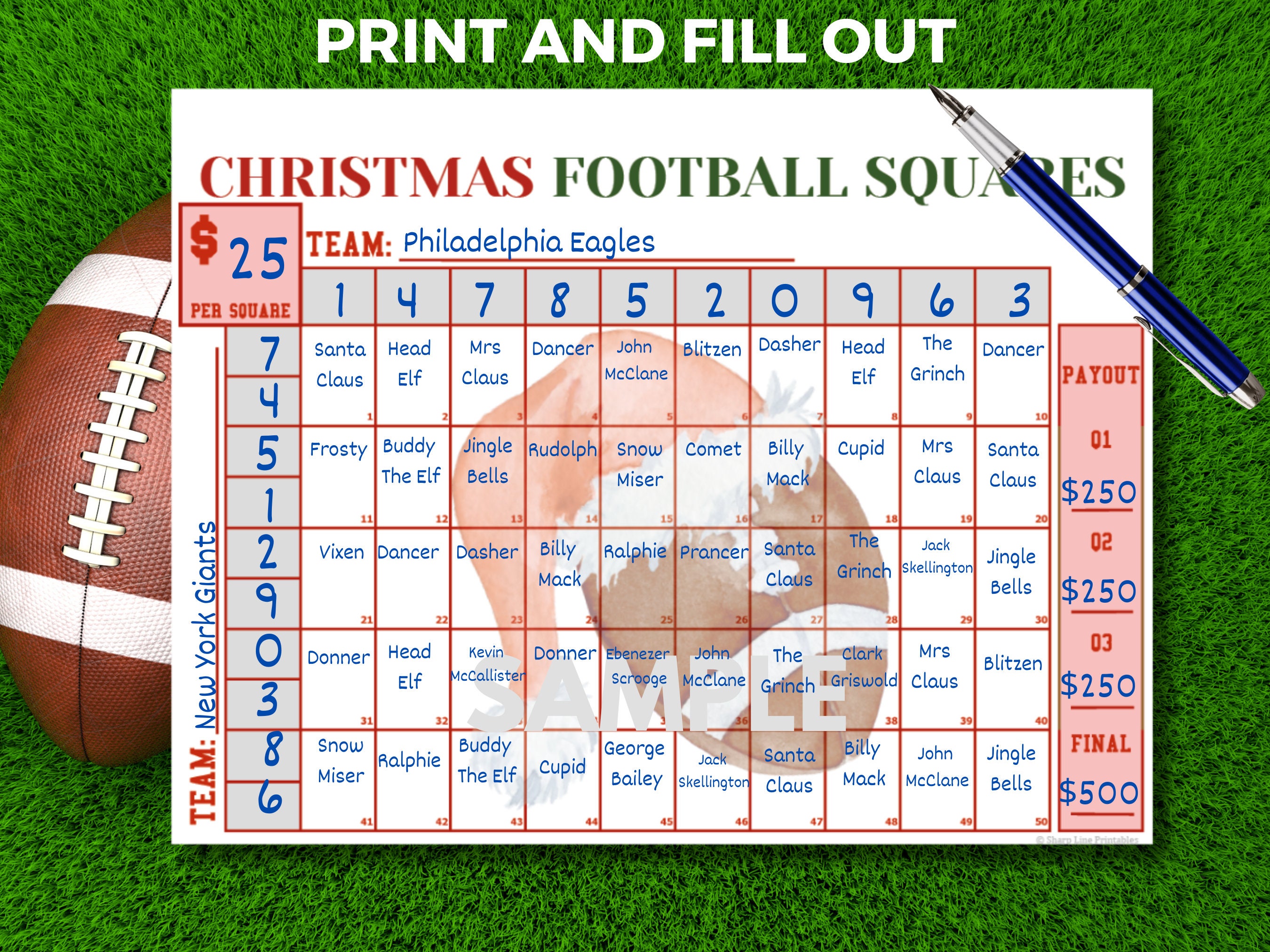 50 Football Squares Template Printable Christmas Football Fundraiser ...