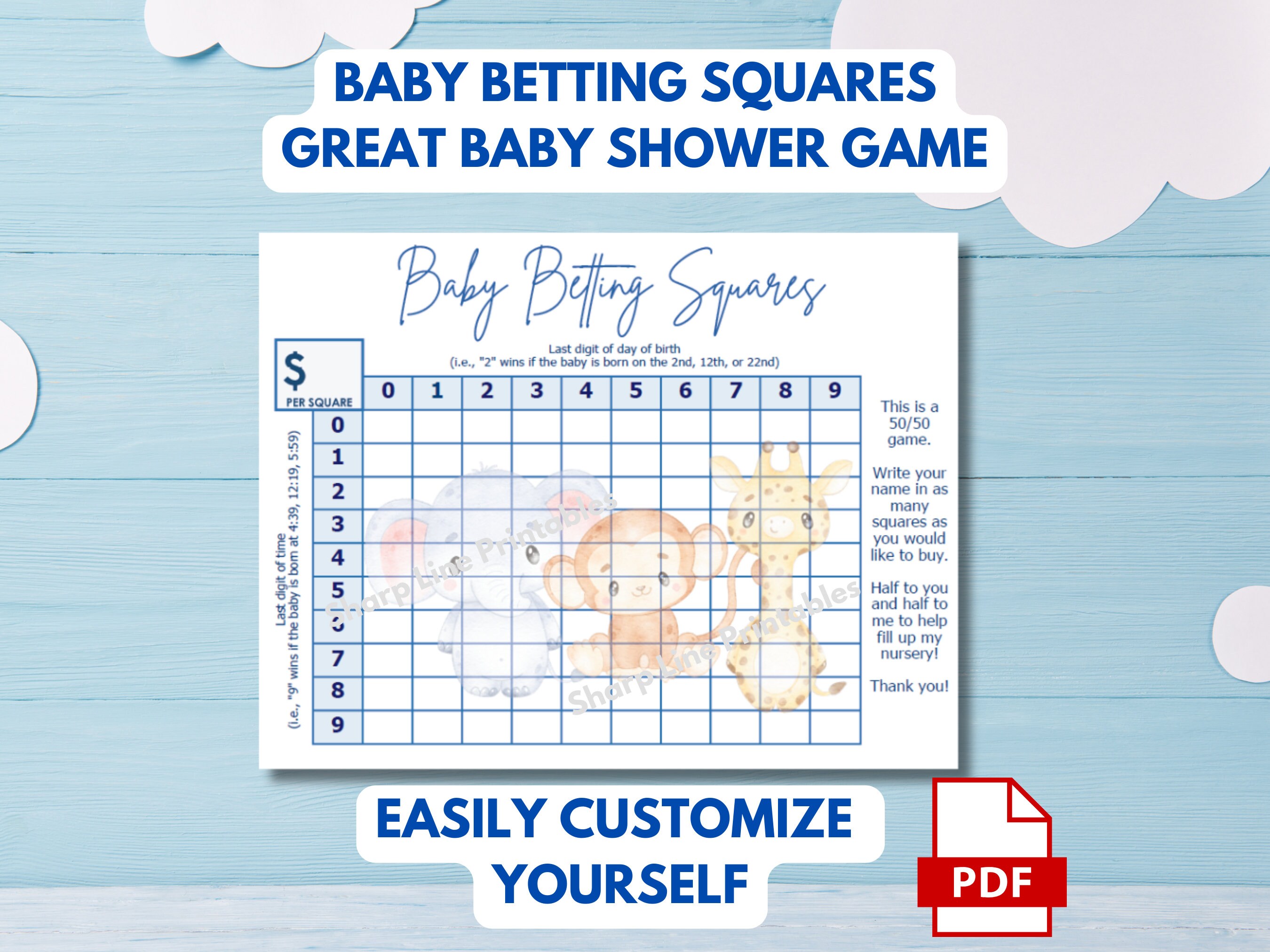 Fun Baby Shower Game Blue Baby Animals Baby Betting Squares Editable ...