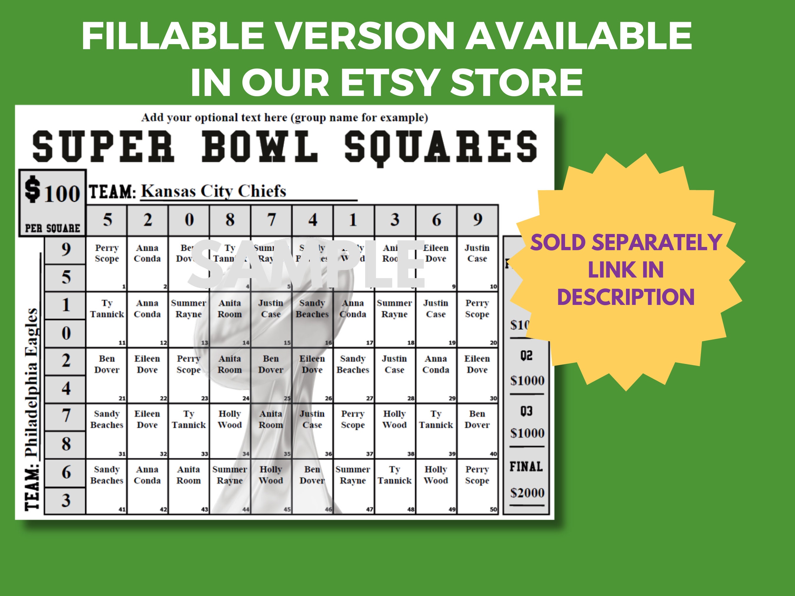 Super Bowl 50 Square Game Board Template Printable Football - Etsy