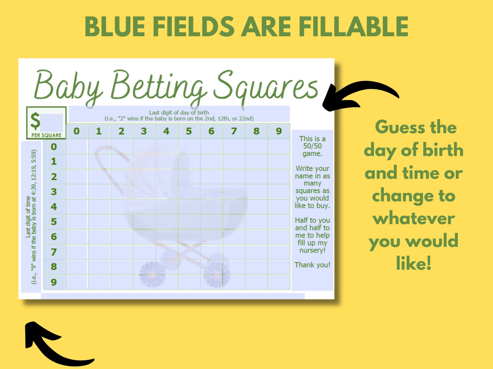 Baby Shower Game Betting Squares Editable Baby Shower Game Printable ...