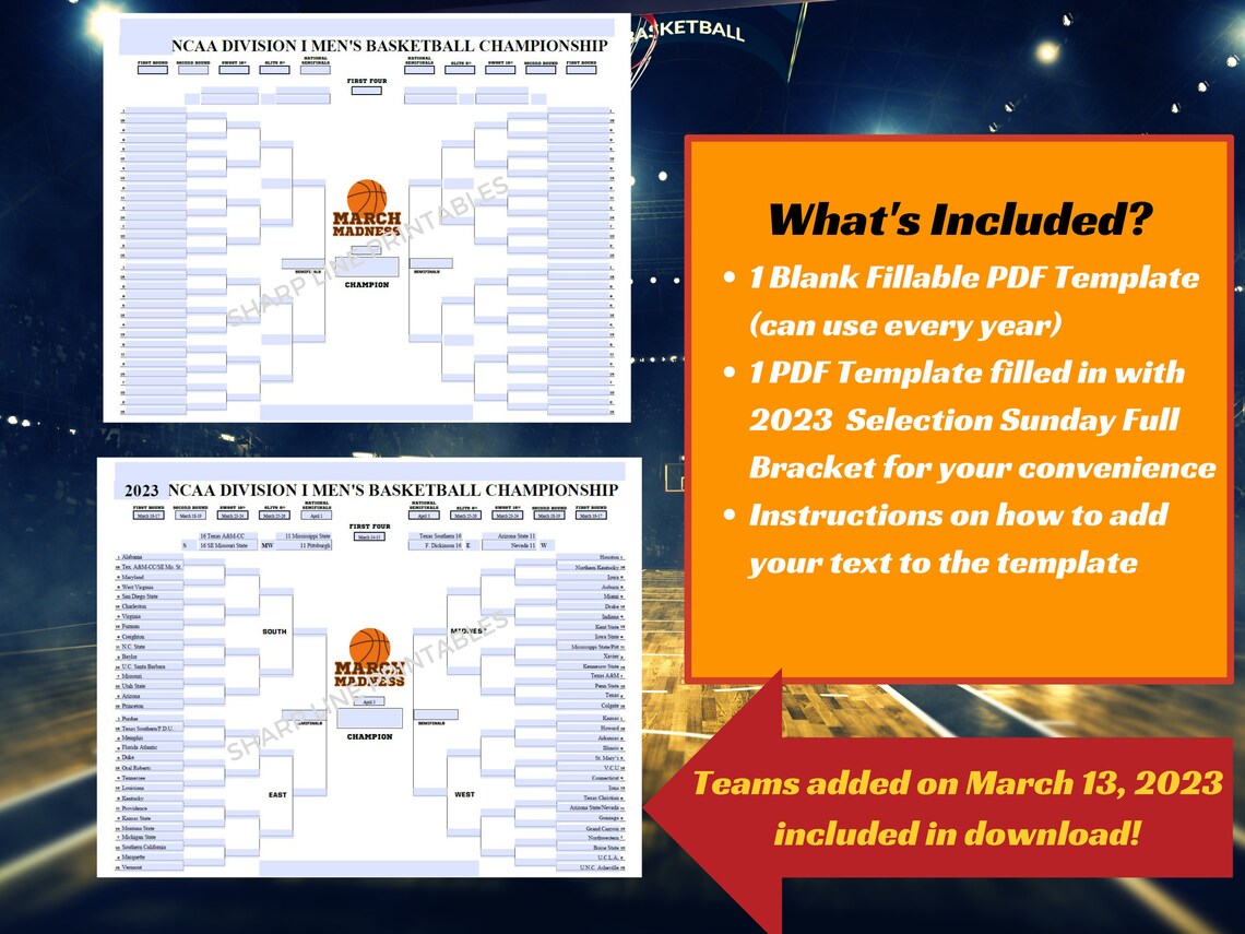 Printable NCAA Basketball Bracket March Madness Template - Etsy