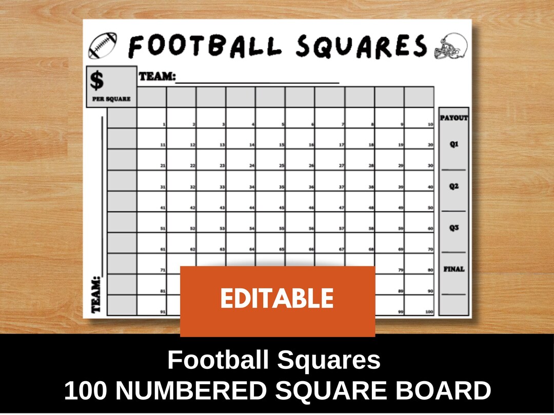 100 Football Squares Printable, Editable Football Square Fundraiser ...