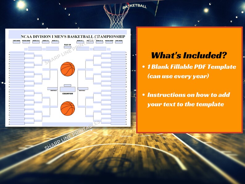 Printable NCAA Basketball Bracket March Madness Template Editable PDF ...