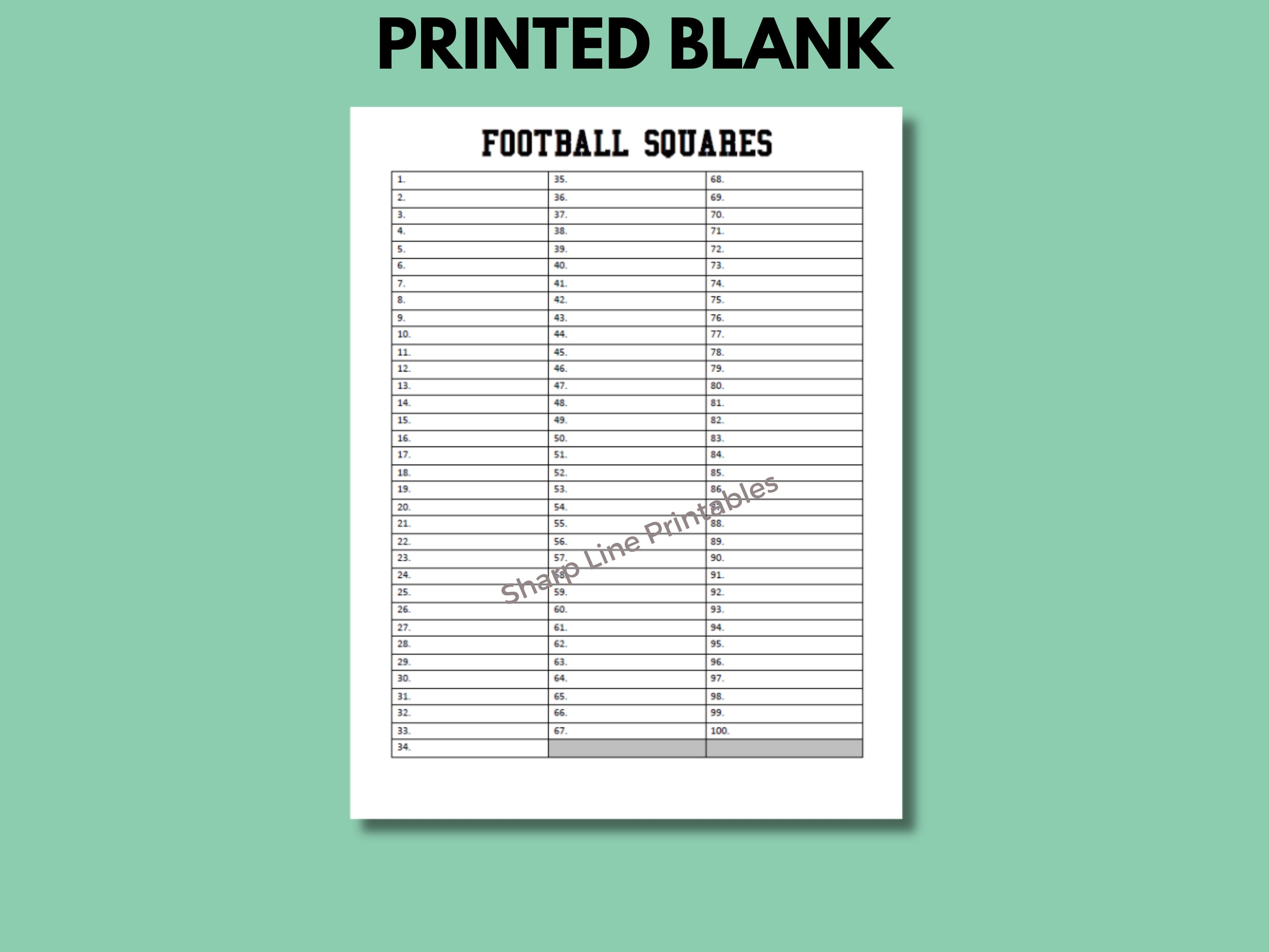 Football Squares Fillable Tracking Sheet Printable Form PDF Sheet 100 ...