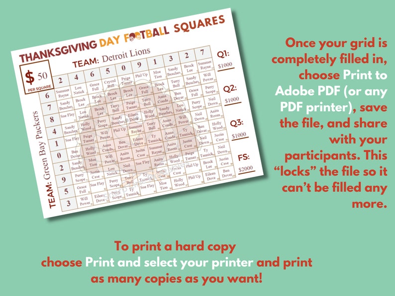 Christmas Thanksgiving Football Squares Template Bundle (printable PDF ...