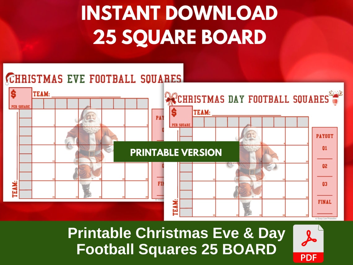 25 Football Squares Template Printable Christmas Eve and Day - Etsy