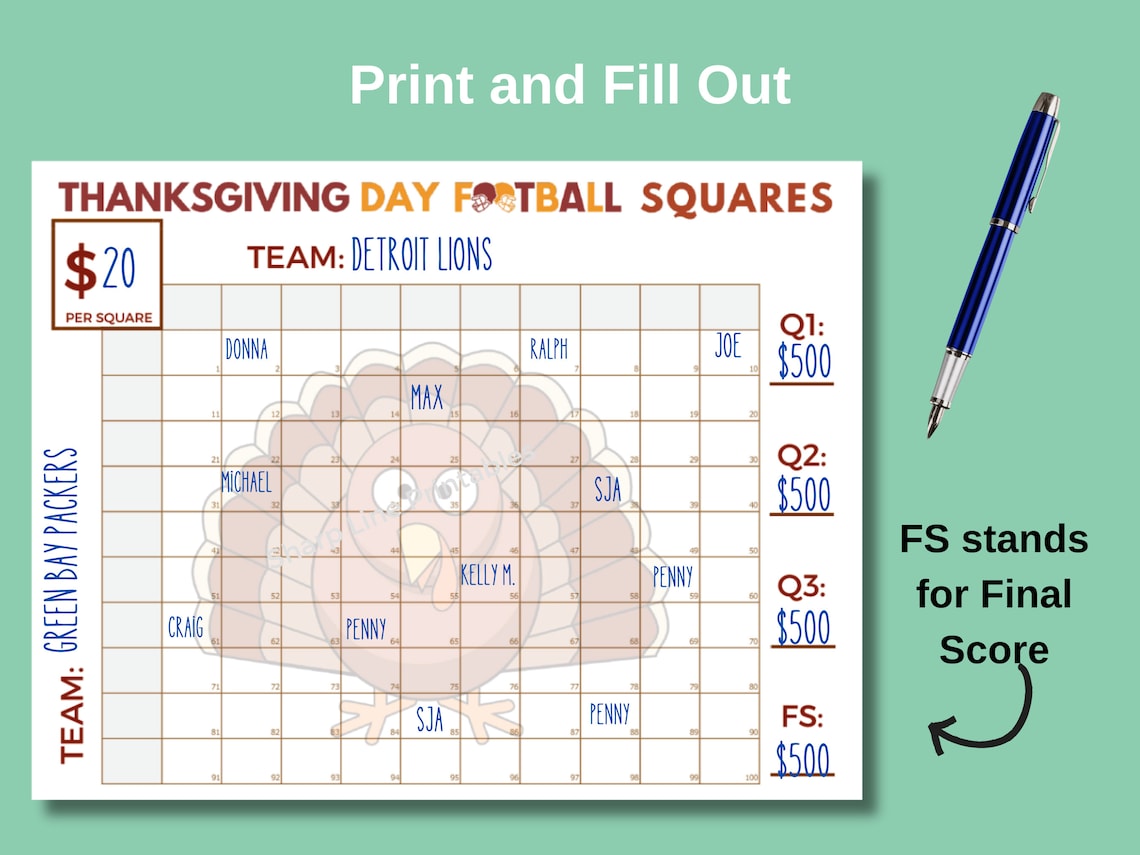 Thanksgiving Football Squares Template: Printable Fundraiser Game (PDF ...