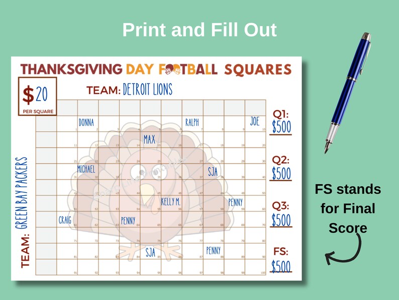 Printable Football Squares Template Thanksgiving Football Fundraiser ...
