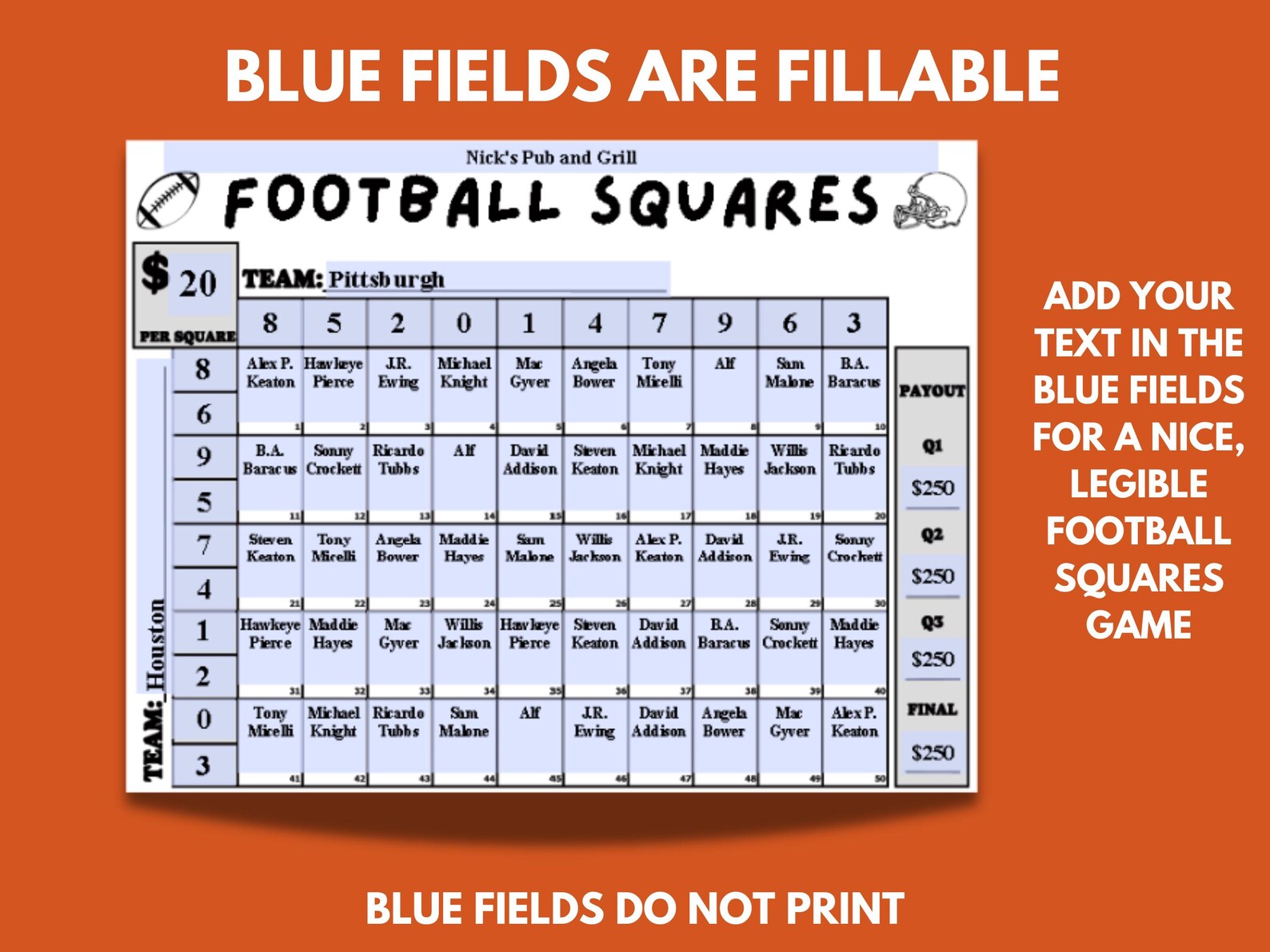 50 Football Squares Printable | Editable Football Square Fundraiser ...