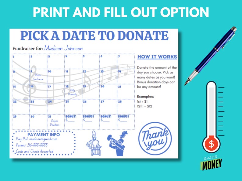 Marching Band Fundraiser Calendar, Custom Donate Dates, Editable PDF ...