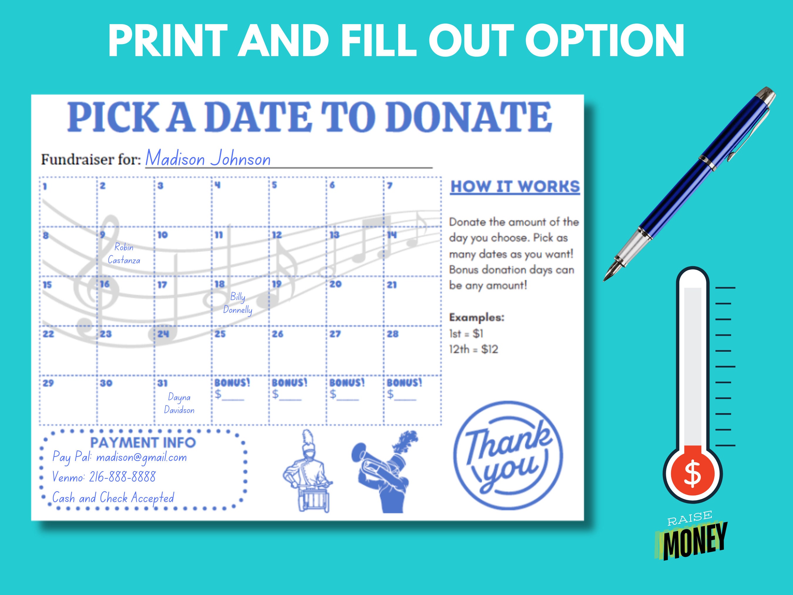 Marching Band Fundraiser Calendar, Custom Donate Dates, Editable PDF ...