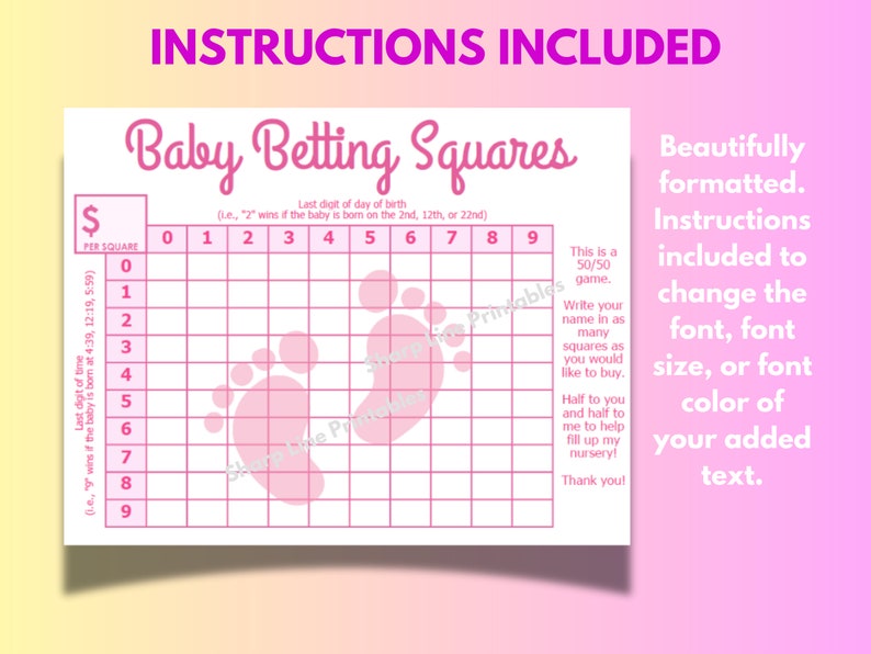 Girl Baby Shower Pink Footprints Guessing Game, Baby Betting Squares ...