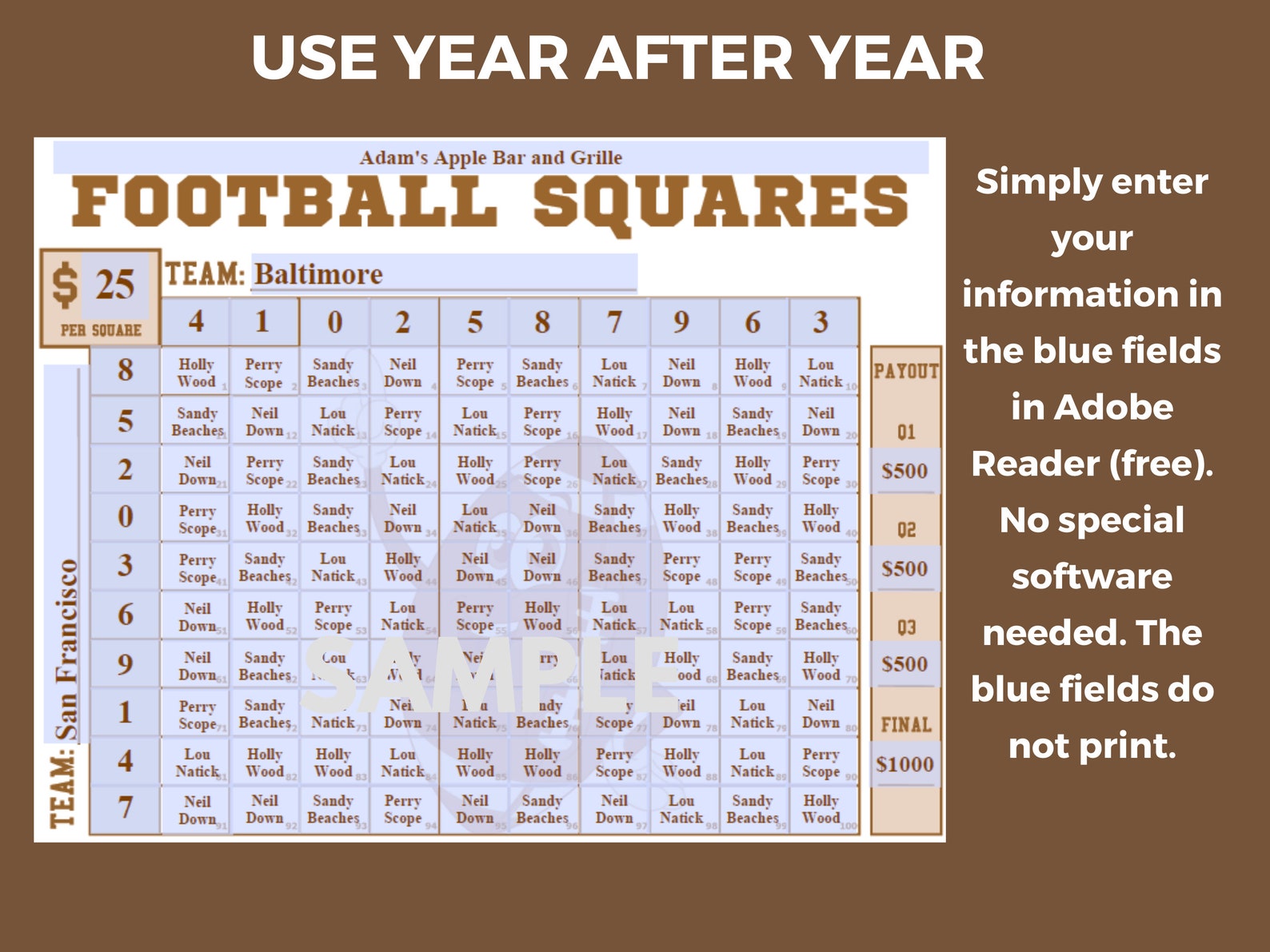 Editable Football Squares Template Printable Editable PDF Football ...