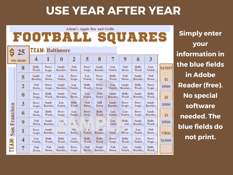 Editable Football Squares Template Printable Editable PDF Football ...