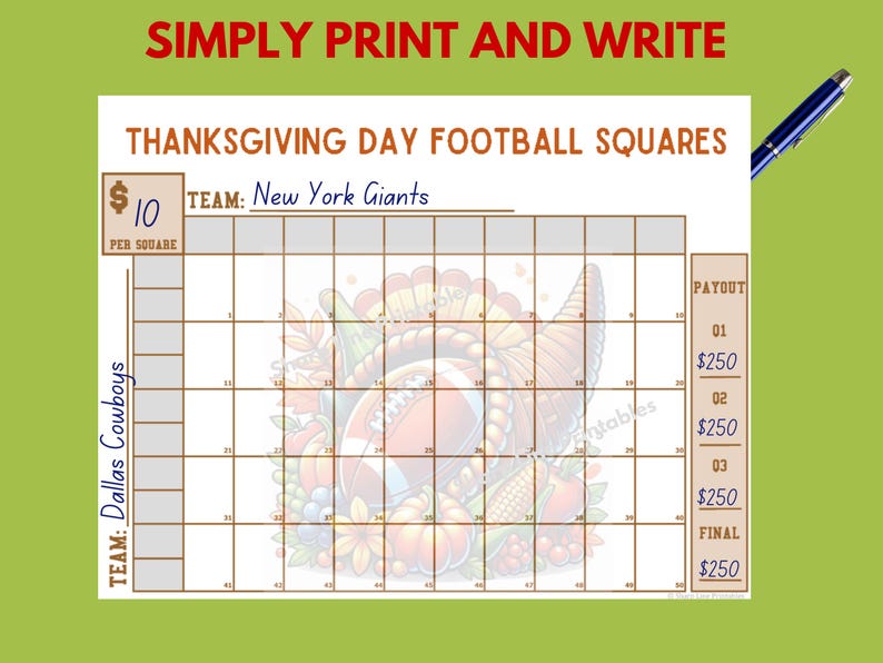Thanksgiving Football Squares Game: 50 Numbered Squares (printable PDF ...