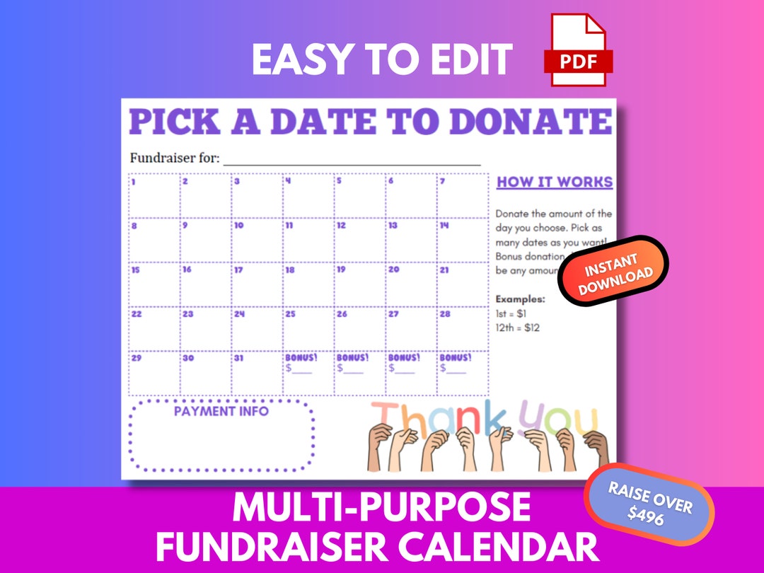 Fundraiser Calendar, All Purpose Pick a Date to Donate, Editable PDF ...