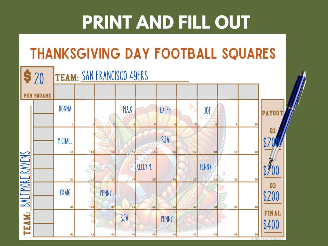 Thanksgiving Football Squares Bundle: 100, 50, 25 Boards (printable ...