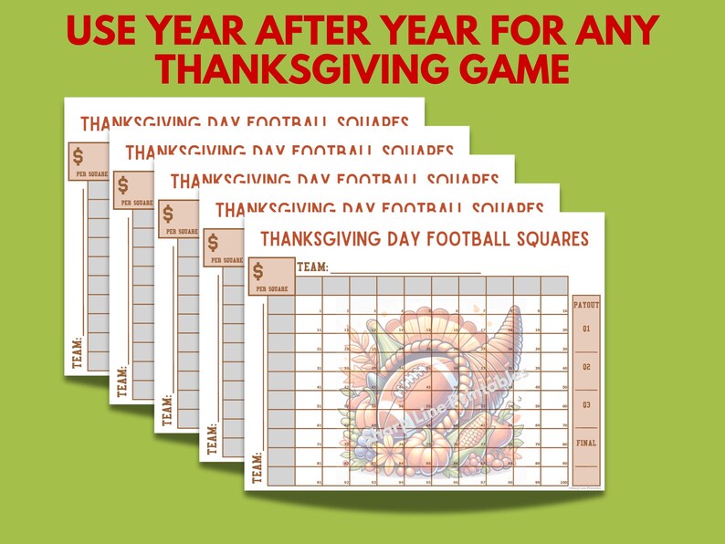 Thanksgiving Football Squares: 100 Numbered Squares, Editable Template ...