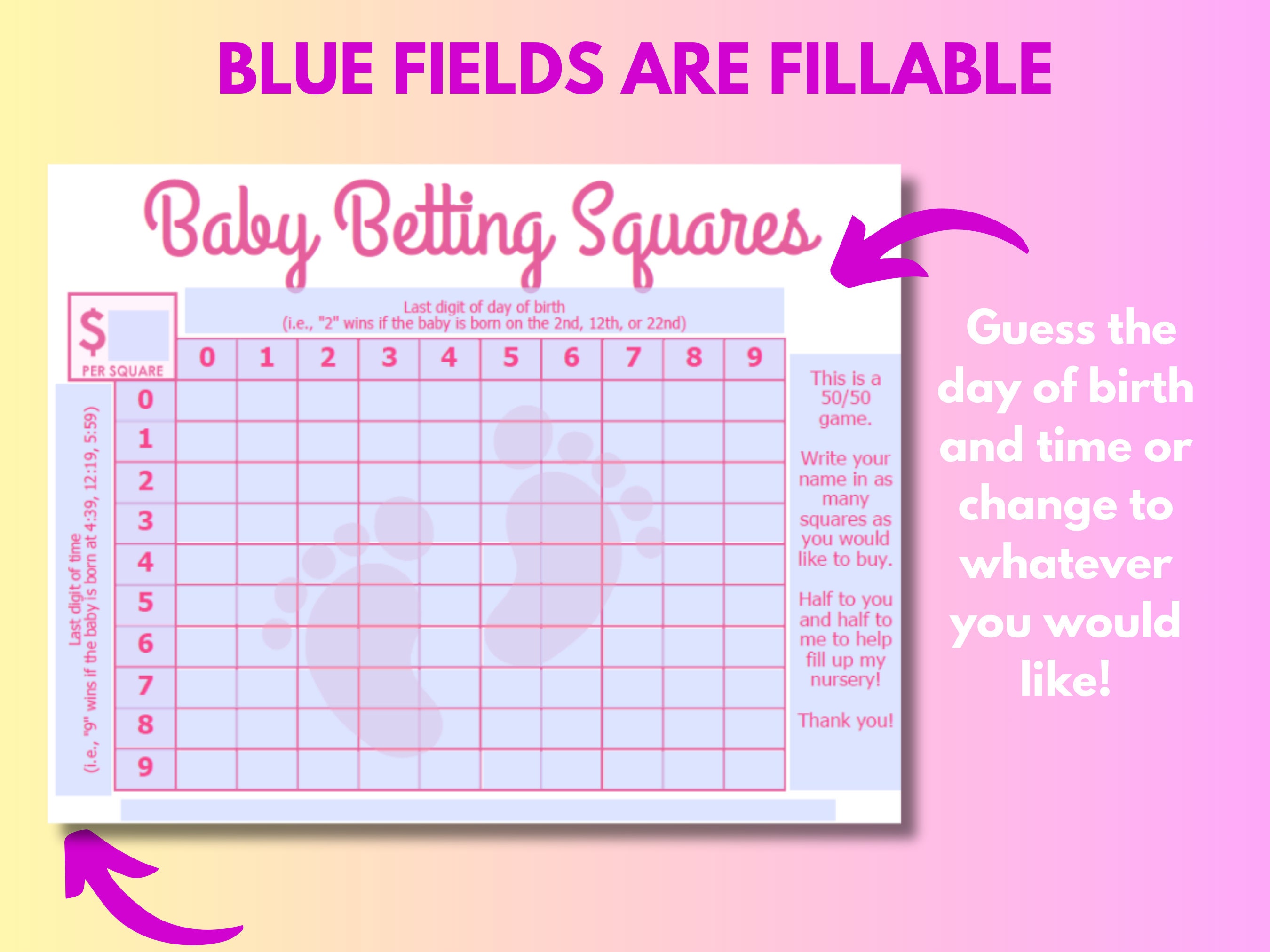 Girl Baby Shower Pink Footprints Guessing Game, Baby Betting Squares ...