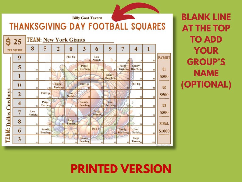 Thanksgiving Football Squares: 100 Numbered Squares, Editable Template ...