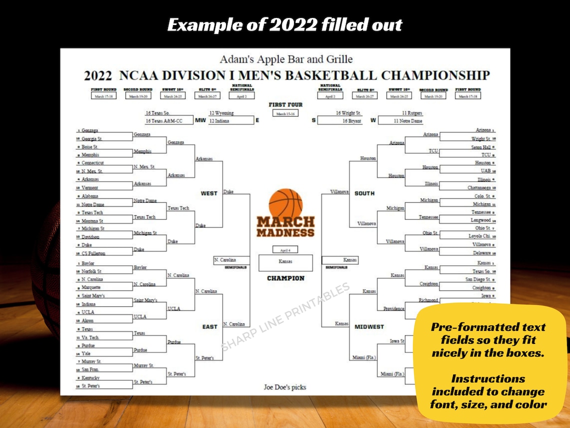 Printable NCAA Basketball Bracket March Madness Template - Etsy