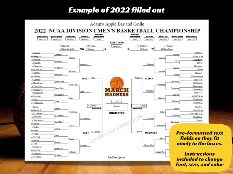 Printable NCAA Basketball Bracket March Madness Template Editable PDF ...