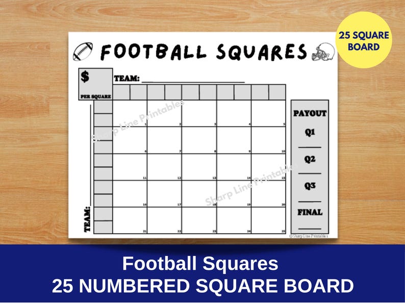 25 Football Squares Game Printable PDF | 25 Numbered Squares | Football ...