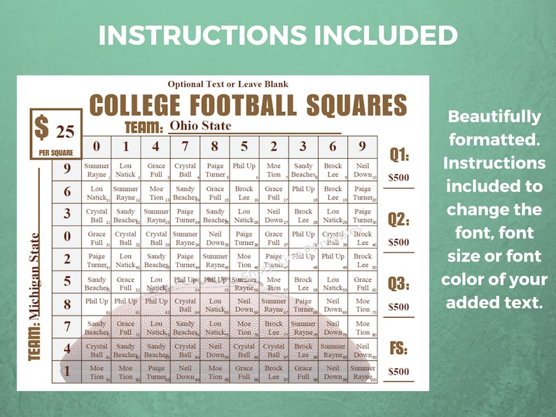College Football Squares Template Printable Editable PDF Football ...