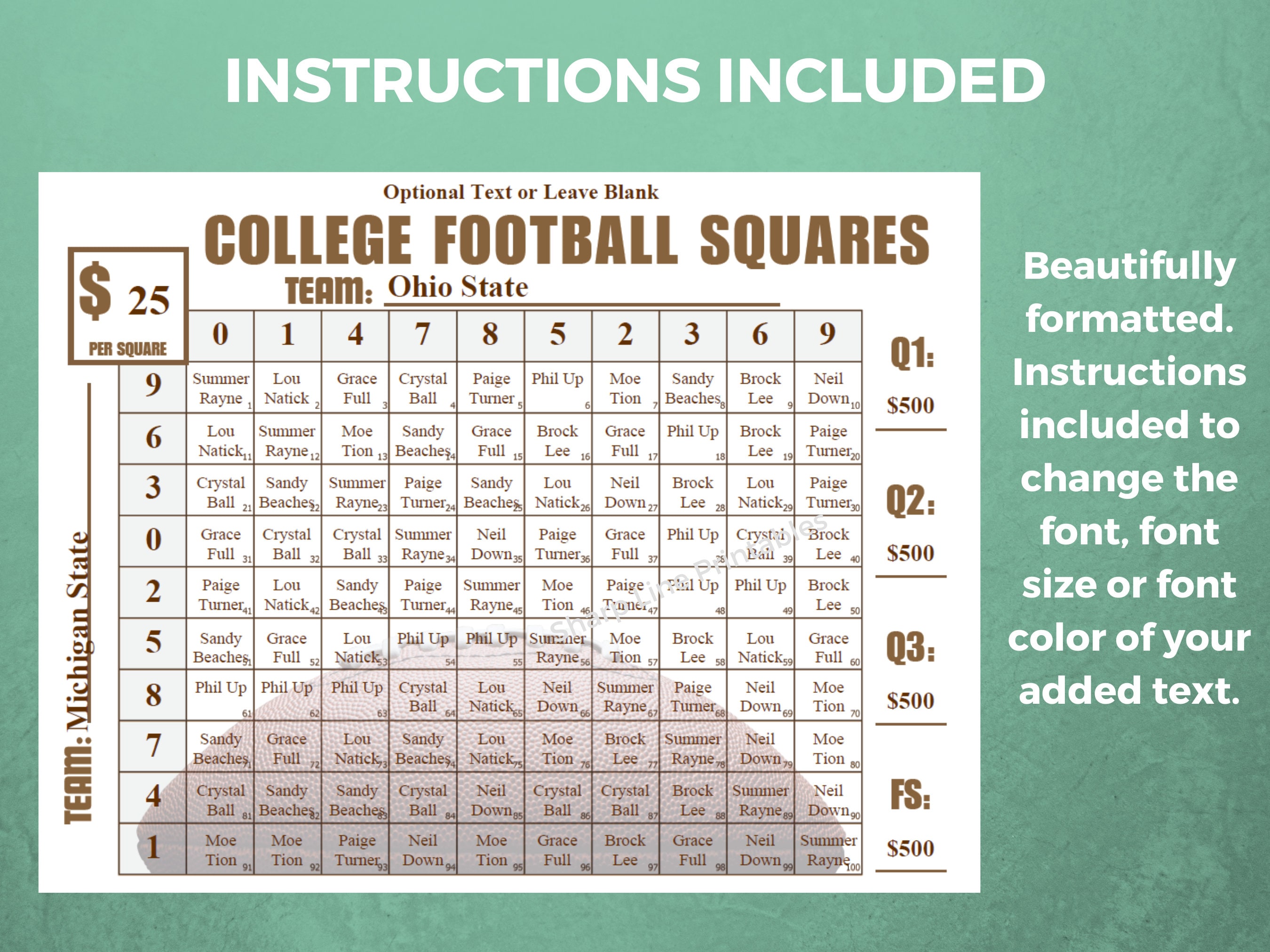 College Football Squares Template Printable Editable PDF Football ...