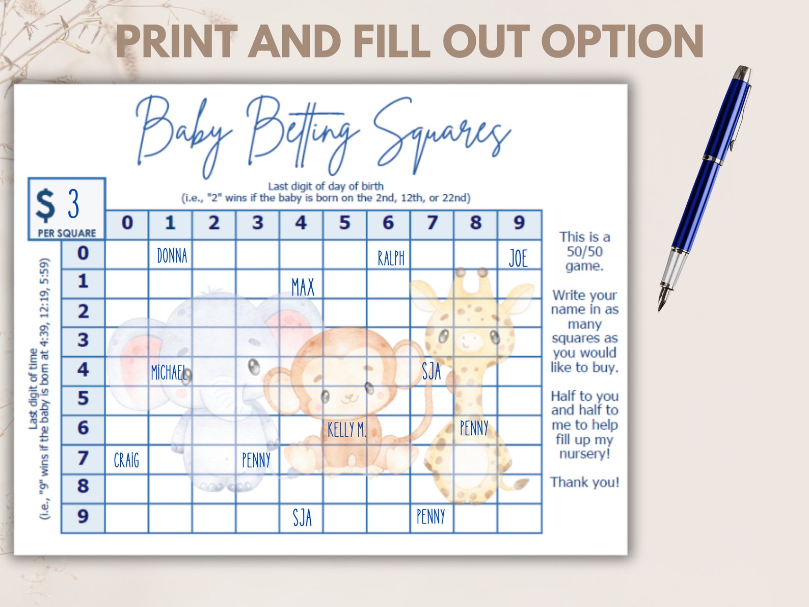 Blue Baby Animals Baby Betting Squares Editable Baby Shower Game ...