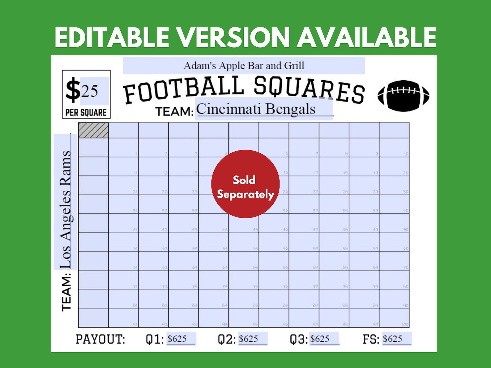 Printable Football Squares Template: Super Bowl Game (PDF) - Etsy