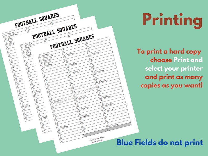 Football Squares Tracking Sheet: 100 Editable Spaces (fillable PDF) - Etsy