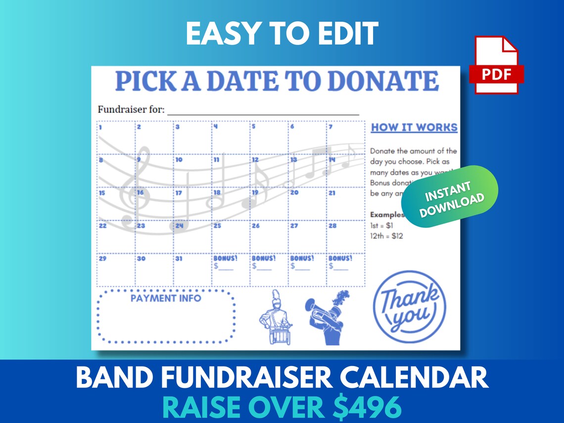 Marching Band Fundraiser Calendar, Custom Donate Dates, Editable PDF ...