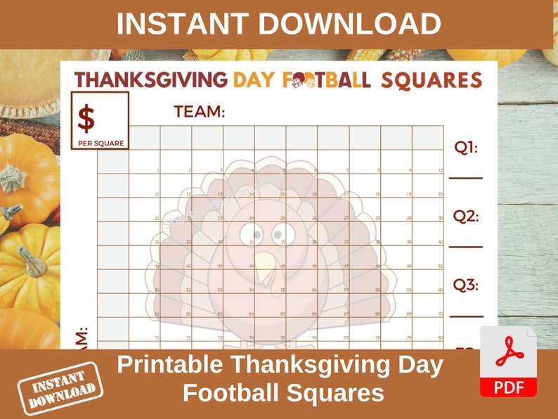 Thanksgiving Football Squares Template: Printable Fundraiser Game (PDF ...